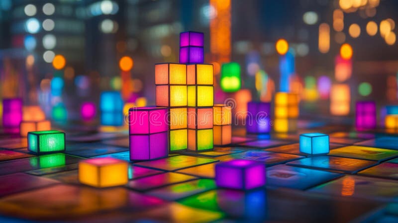 Luminous Cube Cityscape at Night Stock Illustration - Illustration of ...