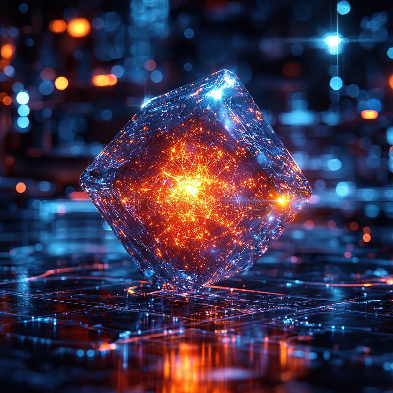A Luminous Cube of Digital Connections Floats Above a Complex Circuit ...