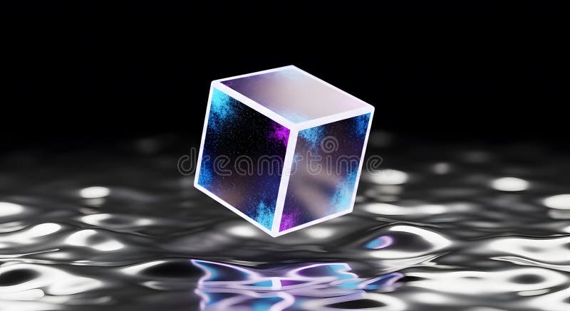 A Luminous Cube Floats Gracefully Above a Rippling, Metallic Surface ...