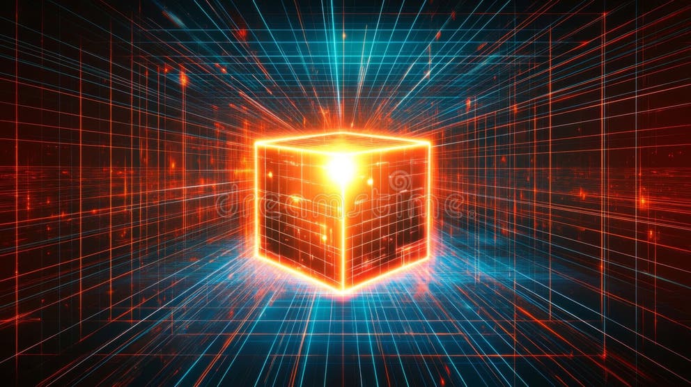 Luminous Cube within a Gridded Digital Space Stock Illustration ...