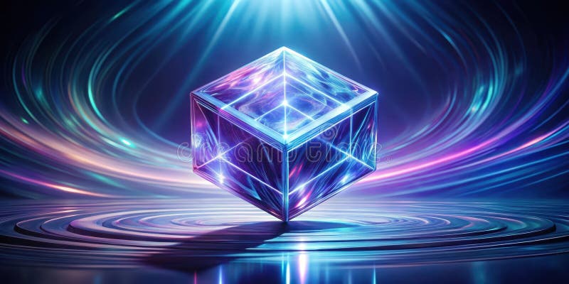 Luminous Cube Hovers Above a Swirling, Reflective Platform Underneath a ...