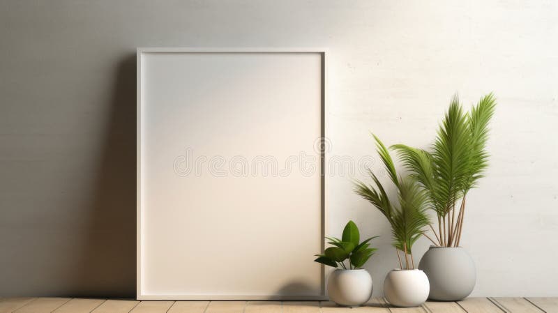 Luminous 3d Objects: Frame Mockup with Plants on Neutral Wall Stock ...