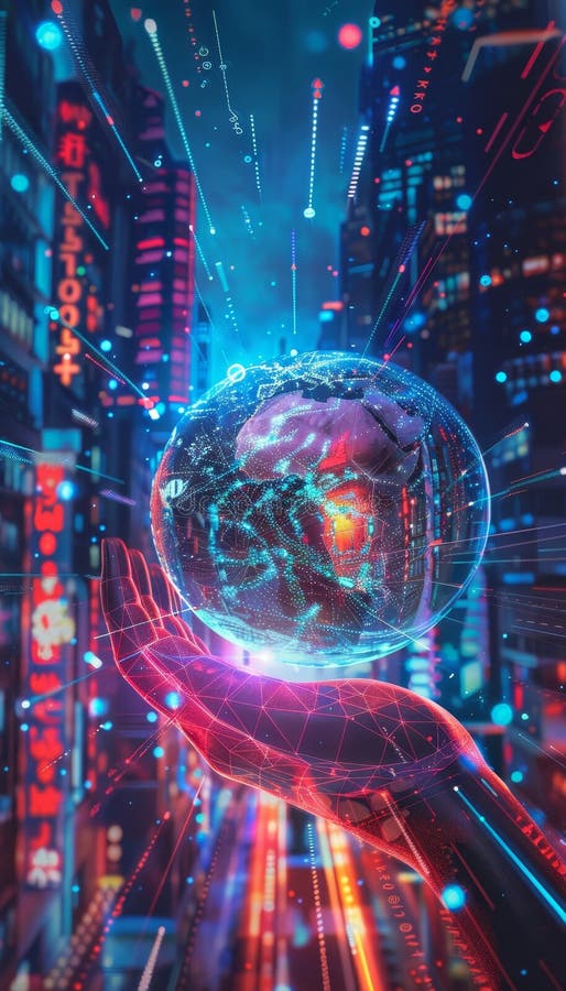 A Luminous Digital Hand Grasping a Colorful Globe, Symbolizing Global ...