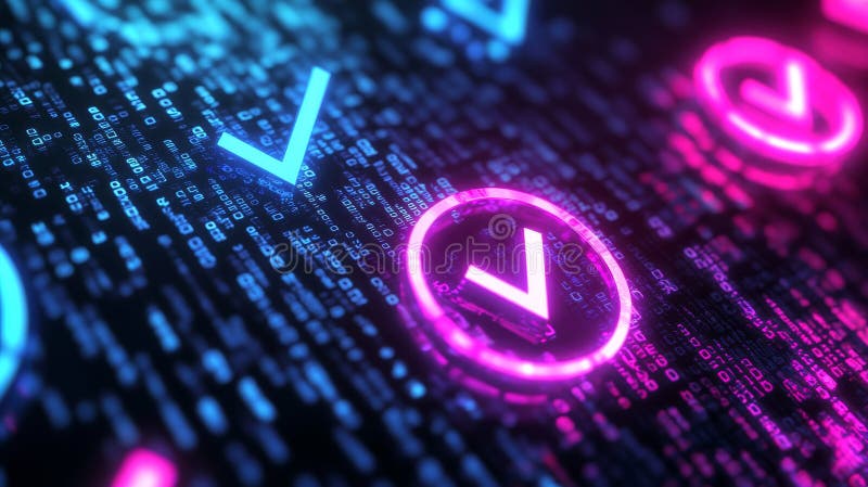 Luminous Digital Ticks Shimmering Against a High-tech Grid Backdrop ...