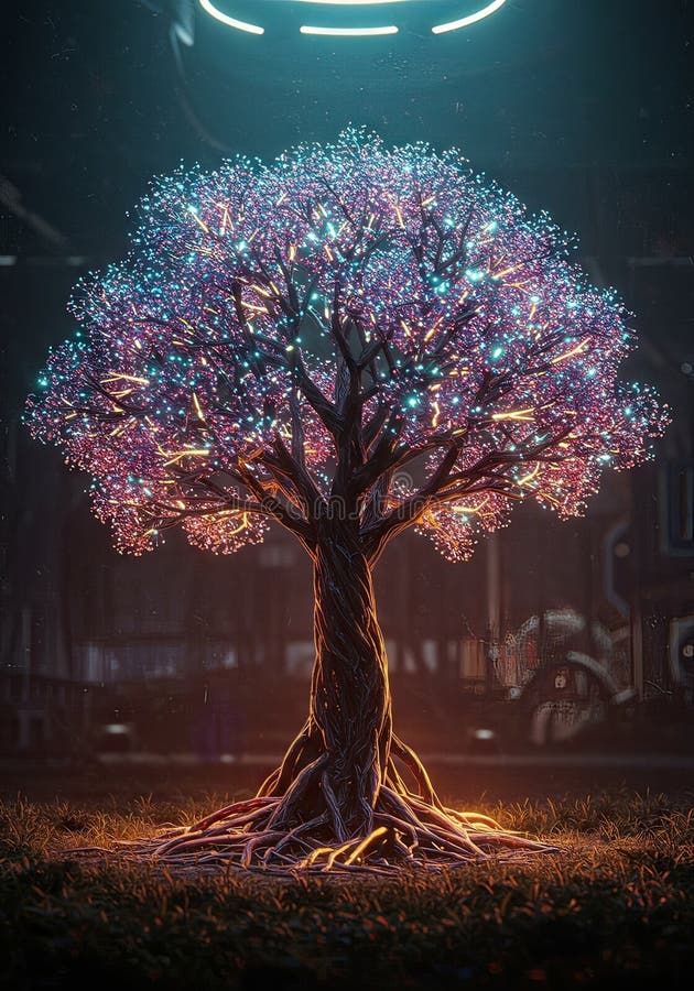 Tree Glowing with Magic in a Field of Twinkling Lights Stock ...