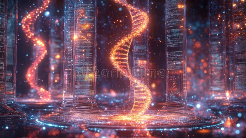 Luminous DNA Strand in Glass Cylinders Laboratory Setting Stock Photo ...