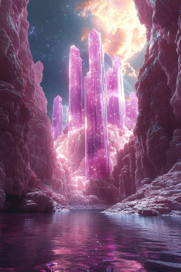 Luminous Dreamscape with Towering Pink Crystals Reflecting in Water ...