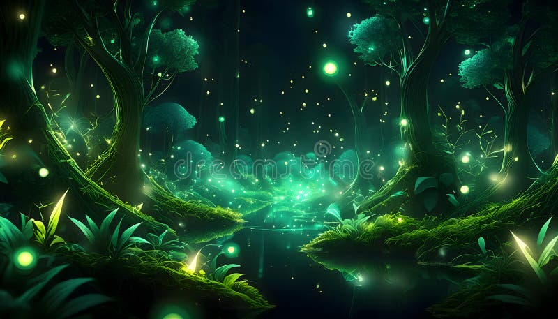 Luminous Elements Surrounded Green Particles with Glowing Elements ...