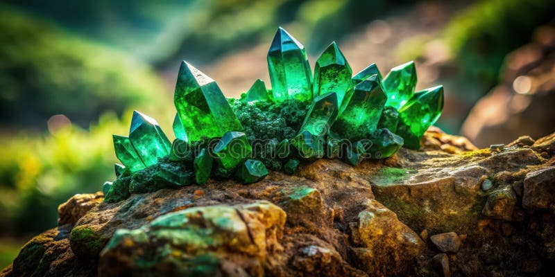 Luminous Emerald Crystals Clustered on a Rough Rock Surface in a ...