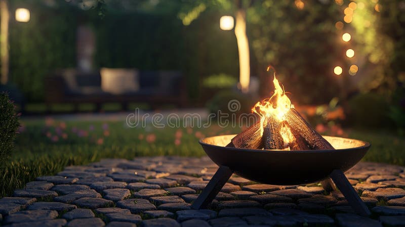 Luminous Flames and String Lights Surround a Cozy Fire Pit Stock Photo ...