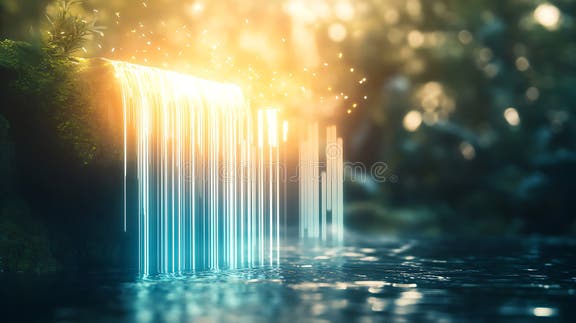 Luminous Floating Waterfall Chart with Cascading Bright Bars, Slightly ...