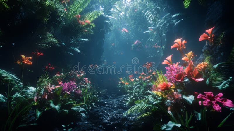 Luminous Floral Path in a Dark Jungle Stock Illustration - Illustration ...
