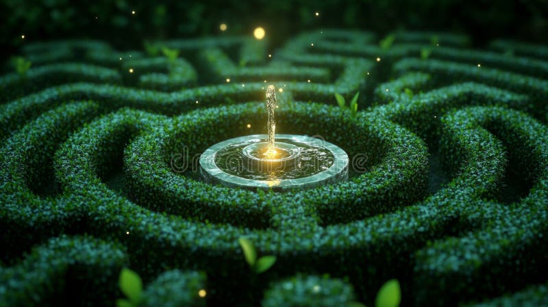 Luminous Fountain in a Green Hedge Maze Stock Illustration ...