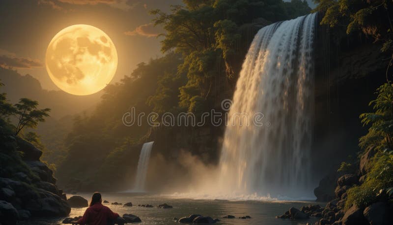 A Luminous Full Moon Illuminates a Serene Waterfall Cascading Over ...