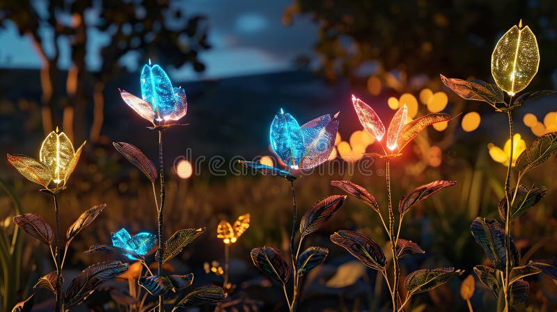 Luminous Garden Flowers stock illustration. Illustration of night ...