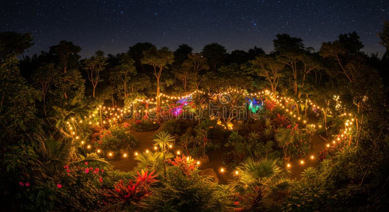 Luminous Garden Path at Night Under Starry Sky Stock Illustration ...