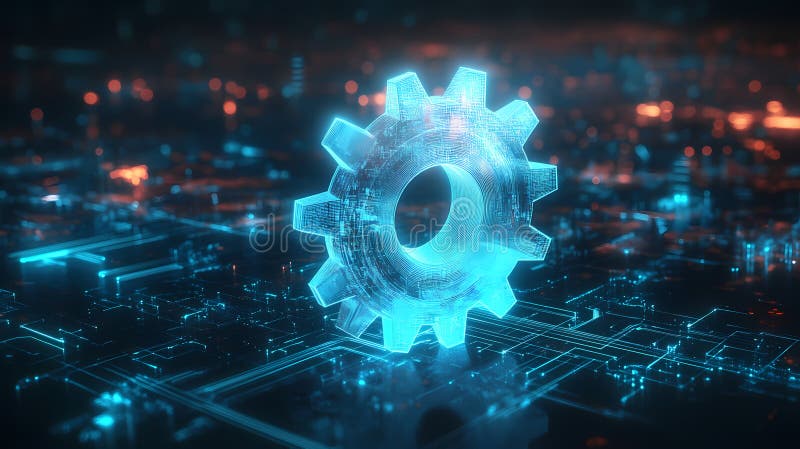 Glowing Gear Symbolizing Digital Engineering and Innovation Stock Photo ...
