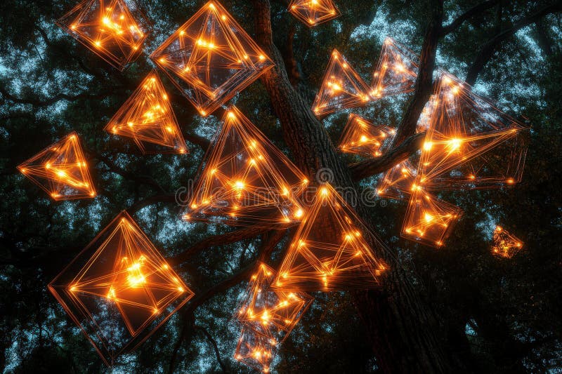 Luminous Geometric Structures Adorn Forest Canopy Stock Illustration ...