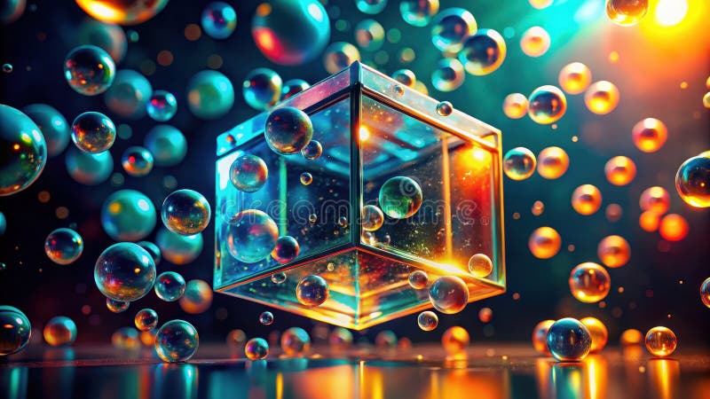 Luminous Glass Cube Surrounded by Vibrant Floating Spheres in a Dark ...