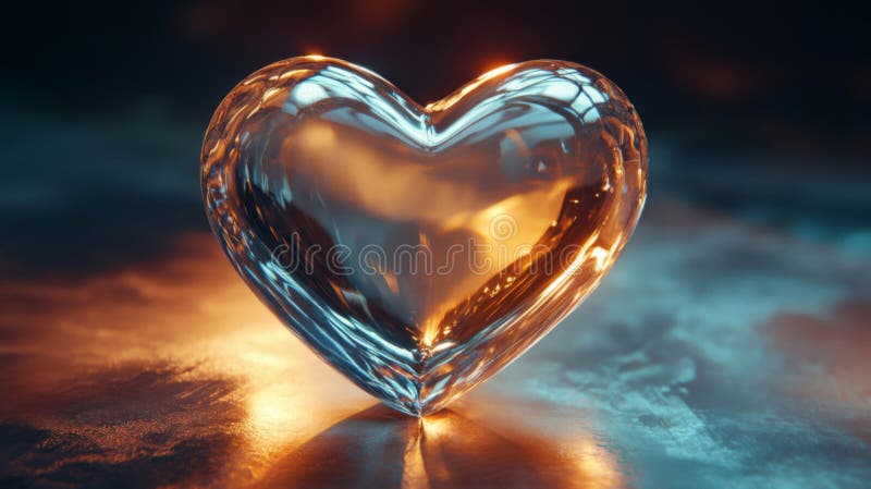 A Luminous Glass Heart Glows Warmly on a Dark Surface Stock ...
