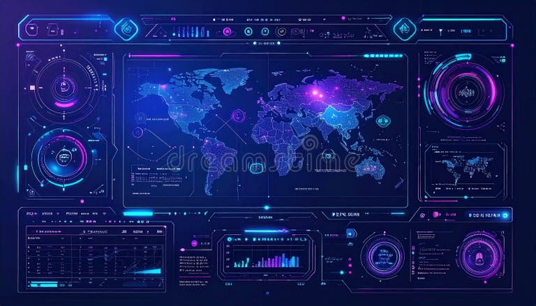 Luminous Global Command Center with Neon Holographic World Map and Data Analytics Stock ...
