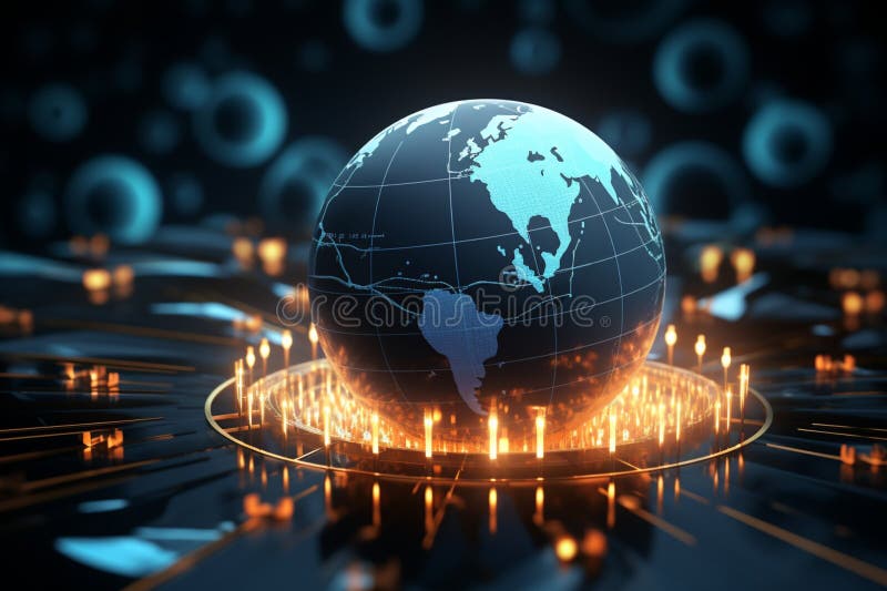 Luminous Global Sphere Surrounded by Digital Currency Arrows on a Dark ...
