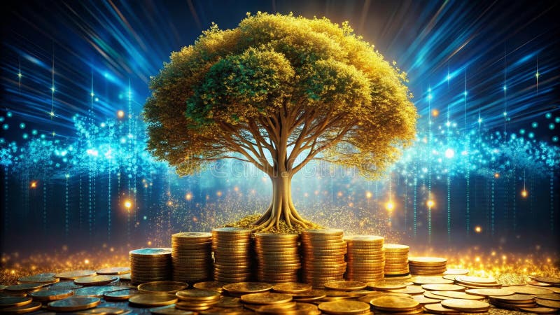 Luminous Golden Tree of Prosperity Growing from Stacks of Coins in a ...