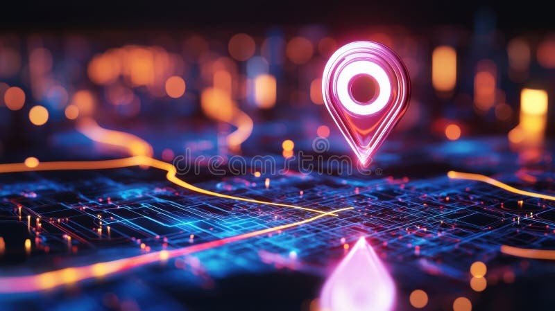 Luminous Gps Map Location Marker Digital Over High Tech Circuitry Neon ...