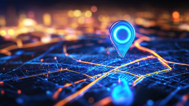 Luminous Gps Map Location Marker Floating Over High Tech Circuitry Neon ...
