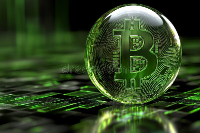 A Luminous Green Bitcoin Symbol Encased in a Clear Sphere Against a ...