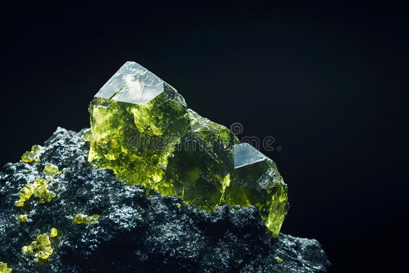 Luminous Green Crystal Cluster on Dark Rock - a Realistic Macro Image ...