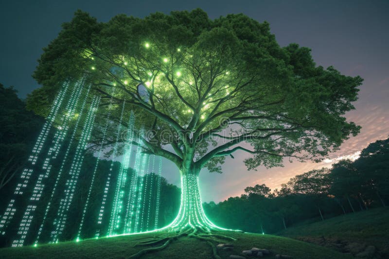 Luminous Green Tree with Digital Data Screens - Generated by Ai Stock ...