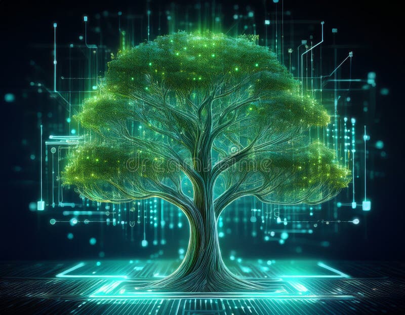 Luminous Green Tree with Digital Data Screens Stock Illustration ...