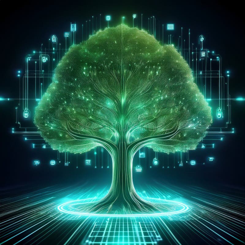 Luminous Green Tree with Digital Data Screens Stock Illustration ...