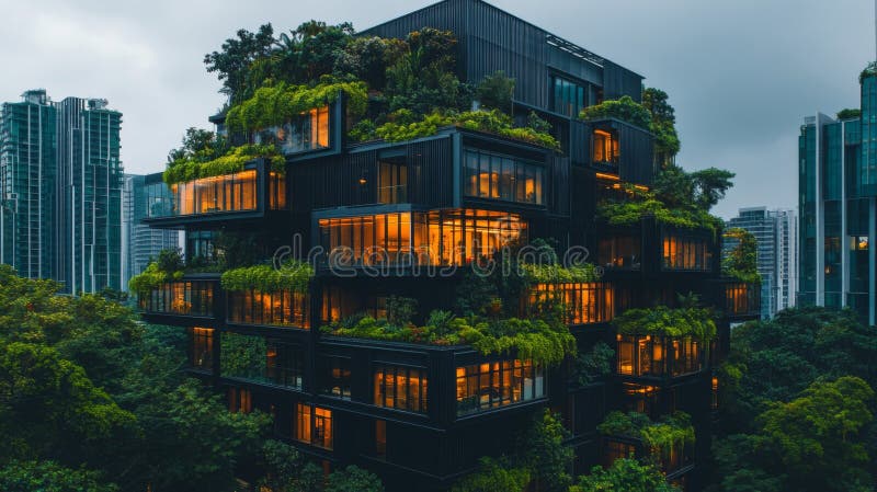 Luminous Green Vertical City Building at Night Stock Illustration ...