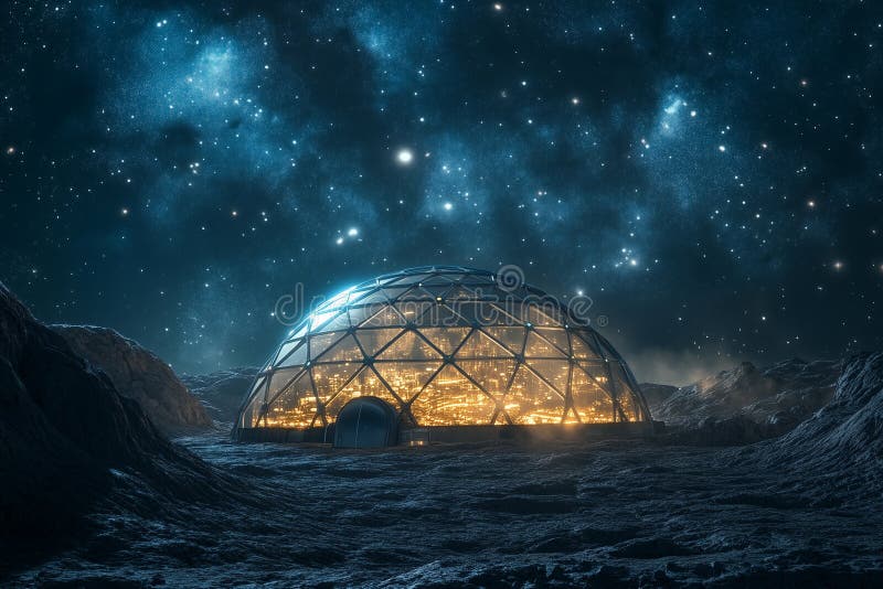 Futuristic Habitat Dome Illuminated at Night on a Rocky Alien Planet ...