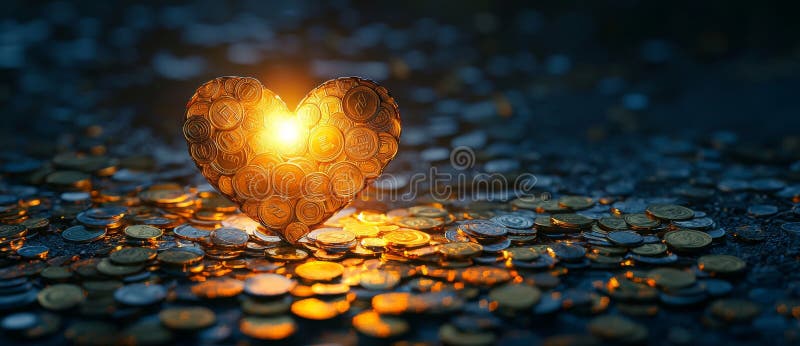 A Luminous Heap of Heart-shaped Coins Atop a Bed of Coins. Stock Photo ...