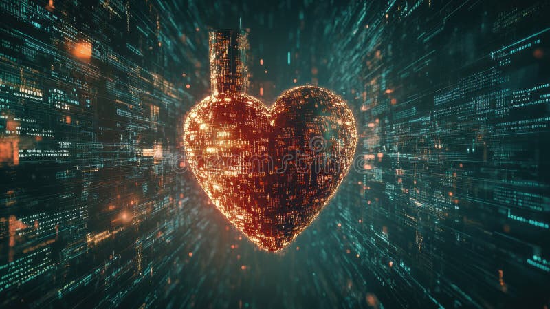 A Luminous Heart Made of Bright Digital Code Floats in a High-tech ...