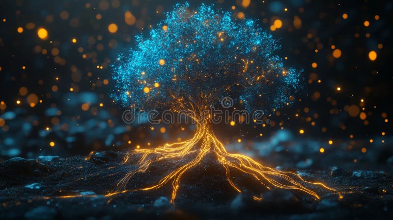 Luminous Holographic Tree Anchored in a Digital World Stock Image ...
