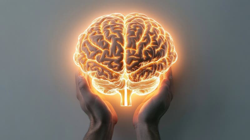 Luminous Human Brain Held by Hands Glowing in Dark Background Stock ...