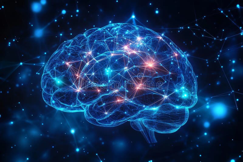 A Luminous Human Brain Illuminated by a Network of Red and Blue Lines ...