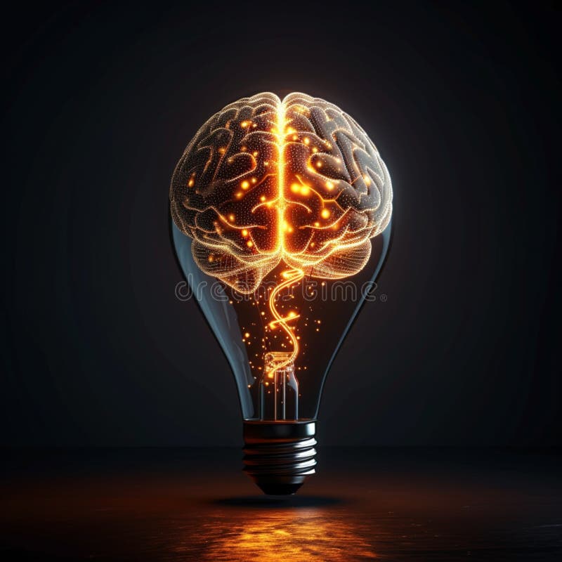 Luminous Human Brain Inside Lightbulb Against Dark Background ... Luminous Human Brain Inside Lightbulb Against Dark Background ...