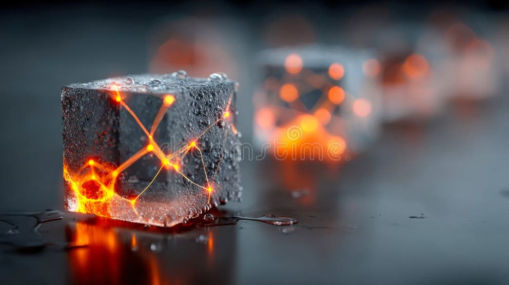 Luminous Ice Cube with Electric Energy Patterns on a Dark Surface Stock ...