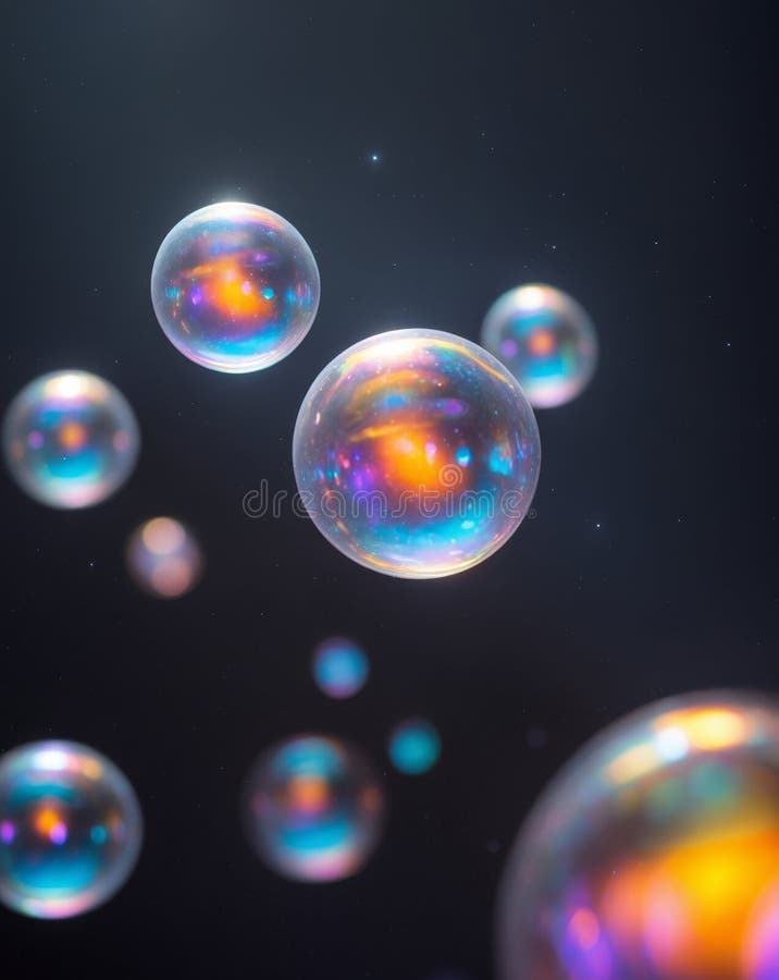 Luminous Iridescent Bubbles Floating in Dark Space Stock Image - Image ...