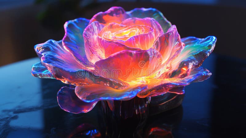 Luminous Iridescent Glass Rose on Dark Surface Stock Illustration ...