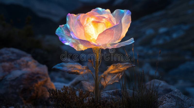 Luminous Iridescent Rose among Rocks at Night Stock Illustration ...