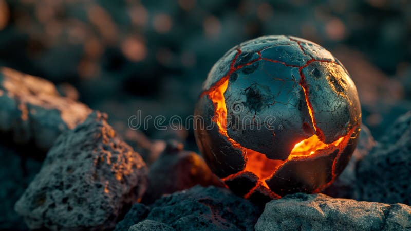 A Luminous Iron Sphere with Lava Inside Cracking Against Rocks Stock ...