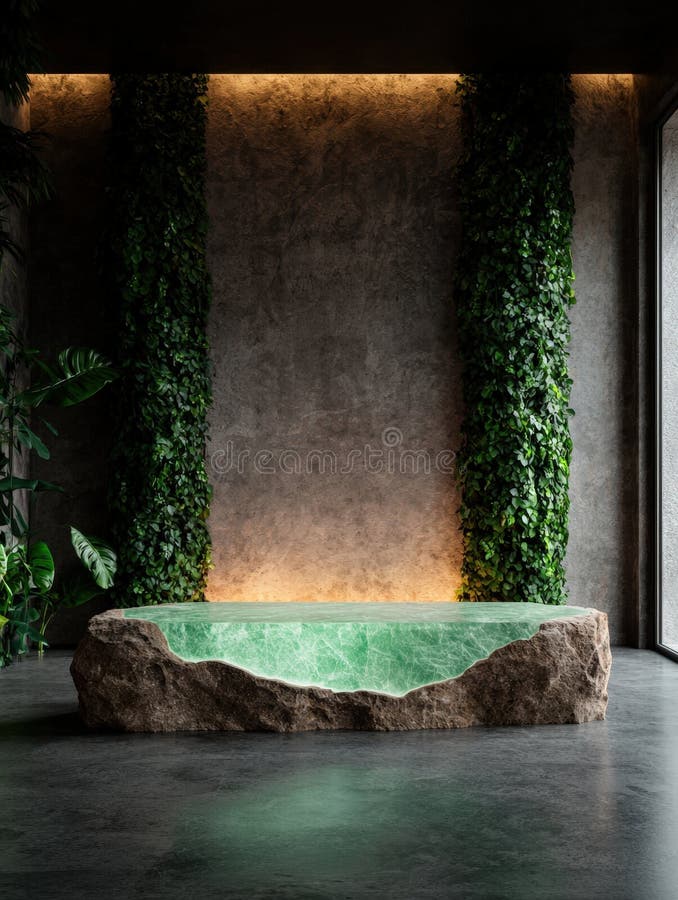 Luminous Jade Platform with Verdant Wall Vines. Stock Illustration ...