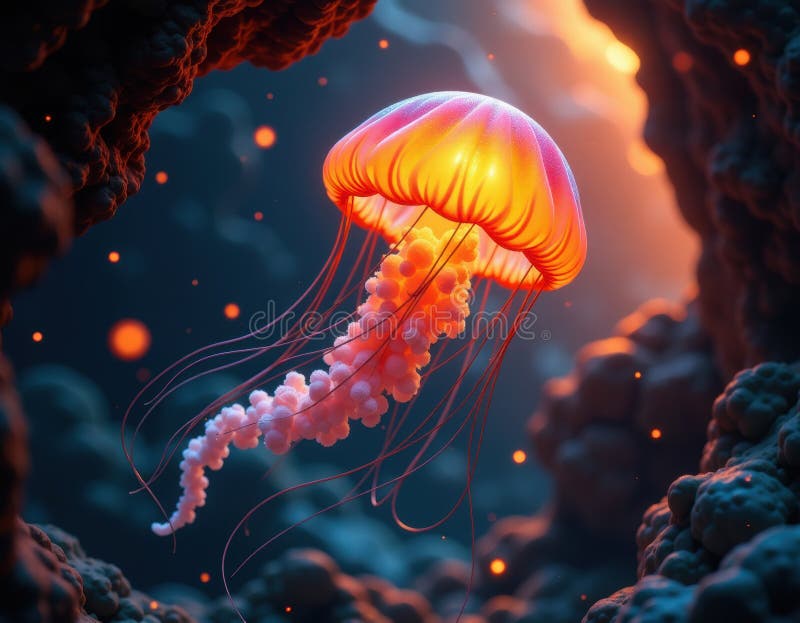 Luminous Jellyfish in Deep Ocean Cave Stock Illustration - Illustration ...