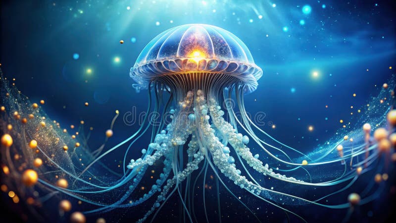 Luminous Jellyfish with Glowing Tentacles and Golden Particles in Deep ...